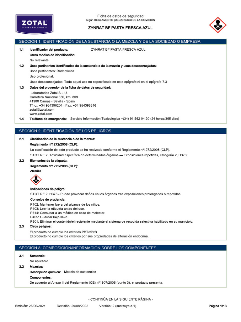 Ficha Seguridad Pasta Azul | PDF | Residuos | Toxicidad
