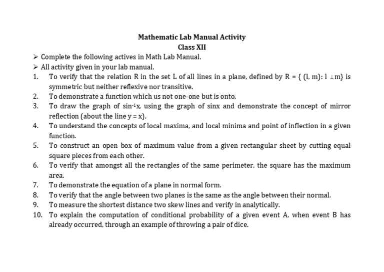 Class 12 Maths Lab Activities Guide | PDF