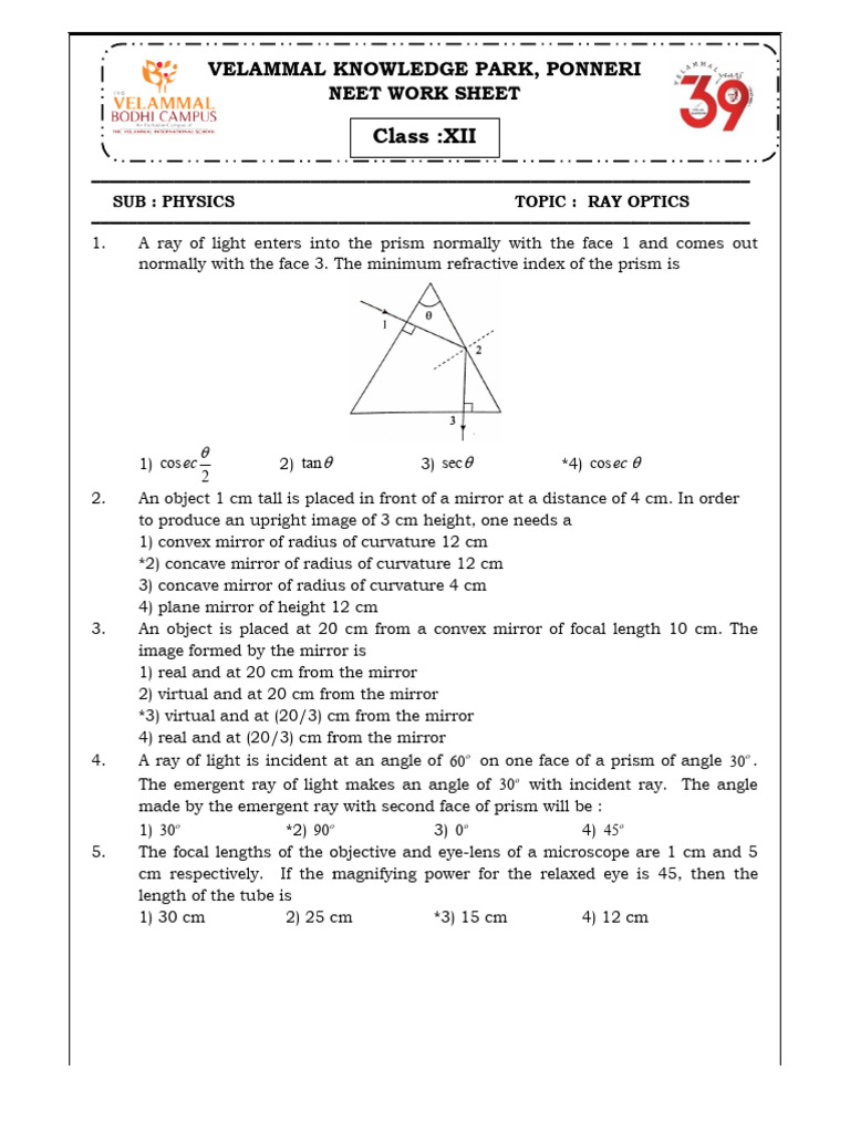 NEET Ray Optics Practice Worksheet | PDF | Refraction | Mirror