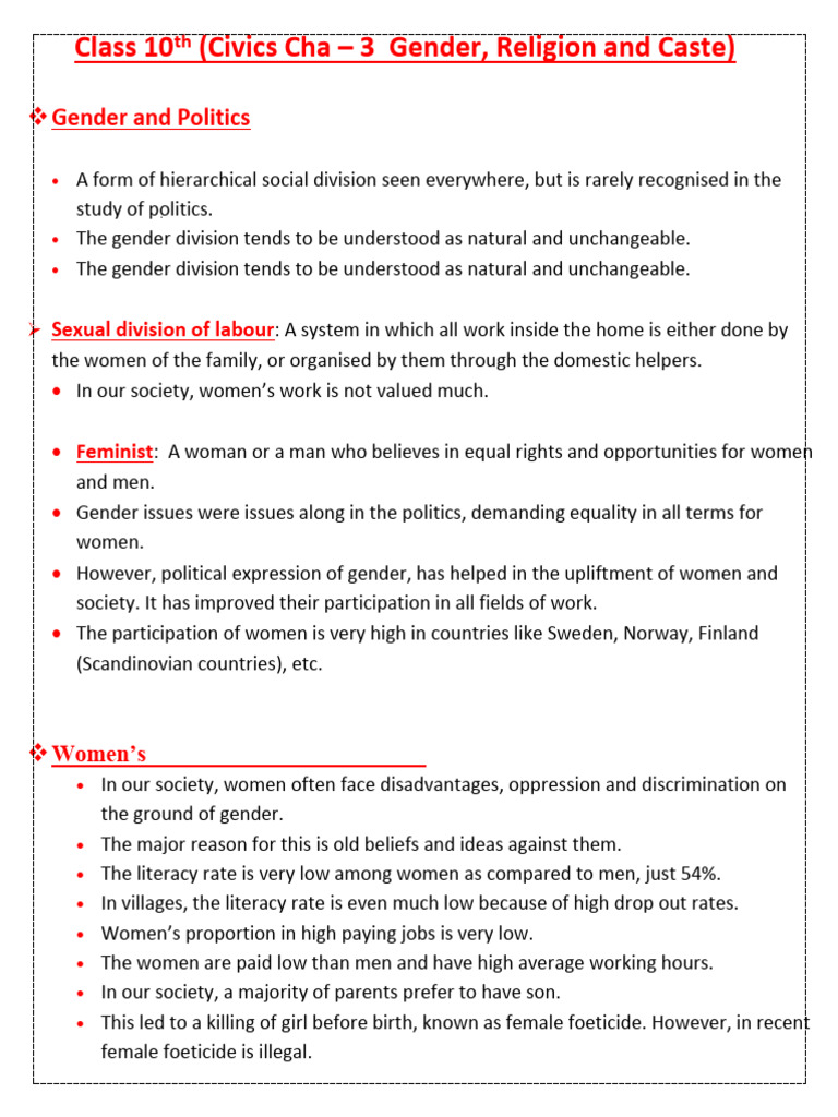 Class 10th (Civics Cha - 3 Gender, Religion and Caste) | PDF | Woman ...