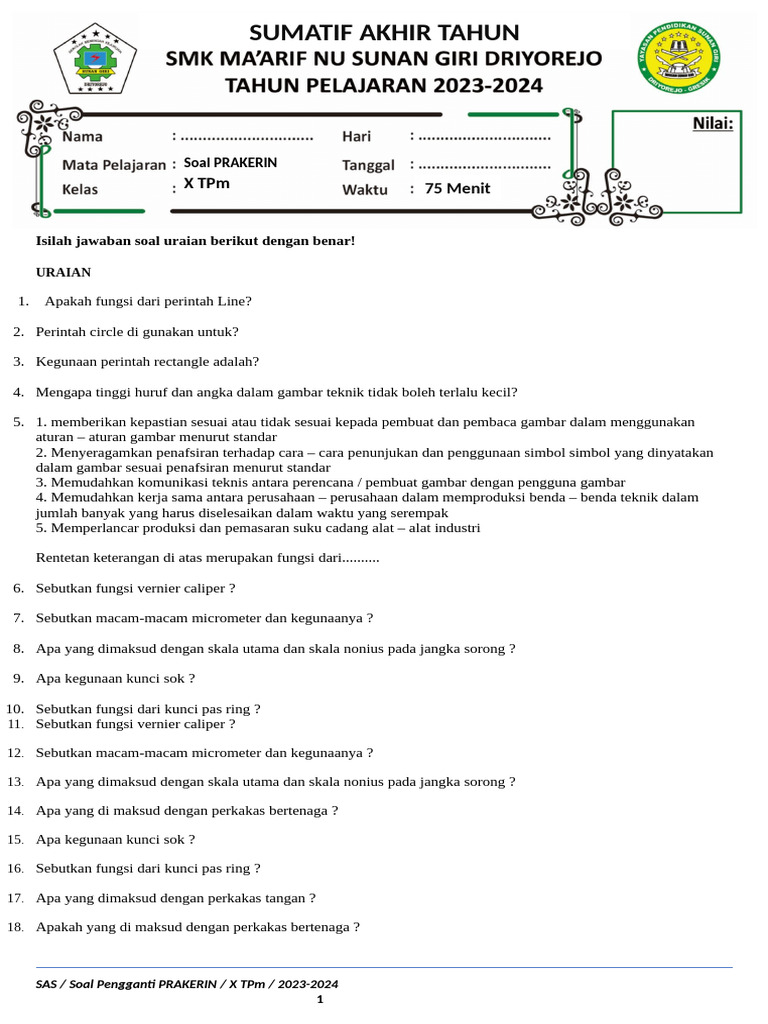 Soal Sat Pengganti Prakerin 2024 KLS X | PDF