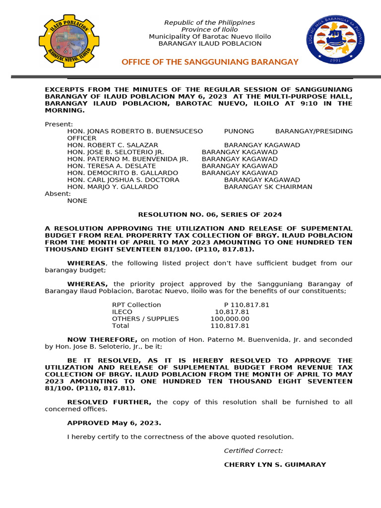 6 Resolution EXCERPTS FROM THE MINUTES OF THE REGULAR SESSION OF ...