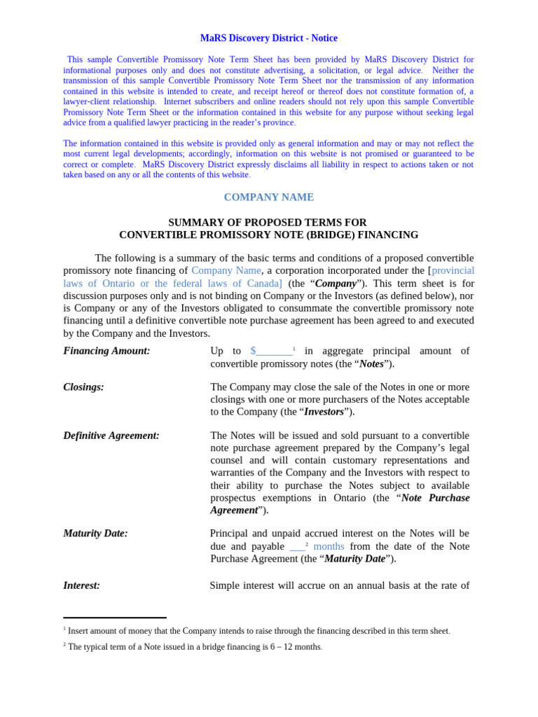 Term Sheet Convertible Note | PDF | Valuation (Finance) | Equity (Finance)
