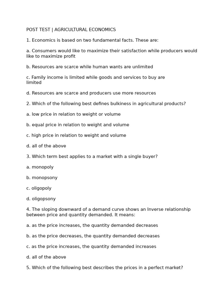 Answer Key Post Test Econ | PDF | Agriculture | Economics