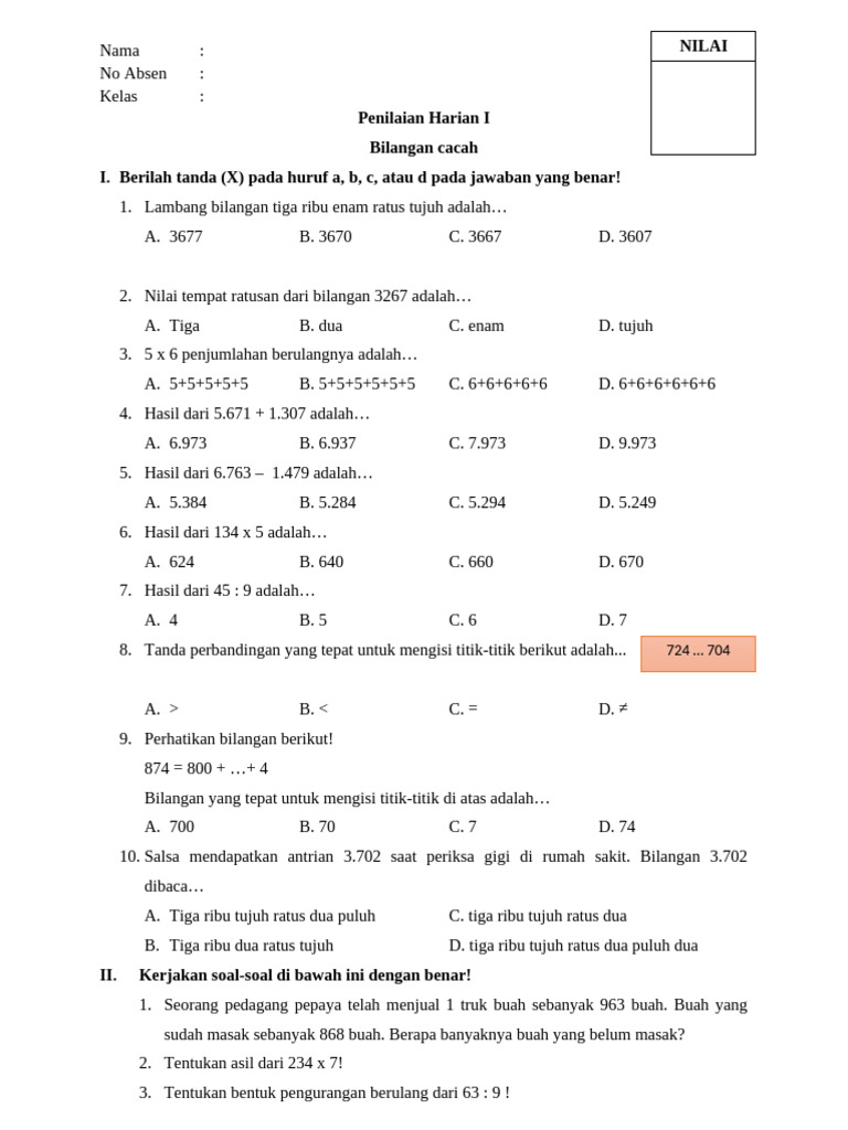 Penilaian Harian 1 Matematika Bil - Cacah | PDF