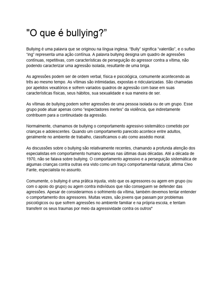 Entenda o que é bullying escolar | PDF | Assédio moral/bullying | Agressão