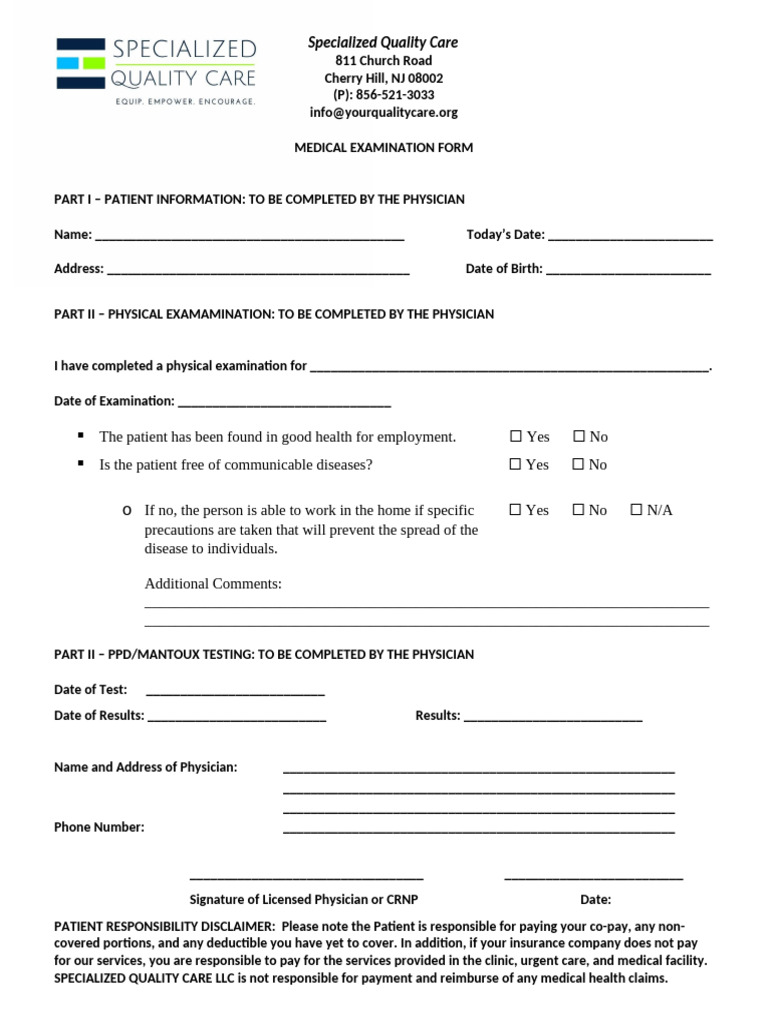 Medical Examination Form Template | PDF | Physical Examination | Physician