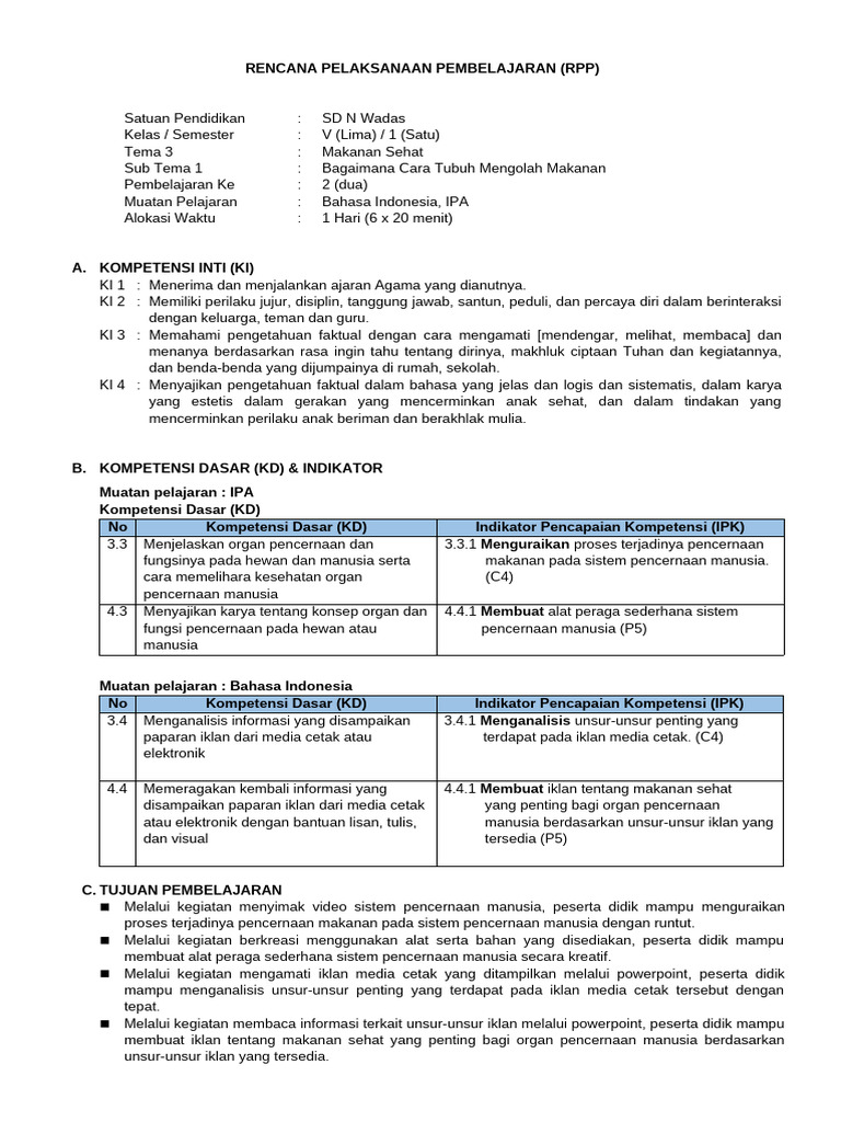RPP Problem Based Learning PBL Kelas V Tema 3 Makanan Sehat Subtema 1 | PDF
