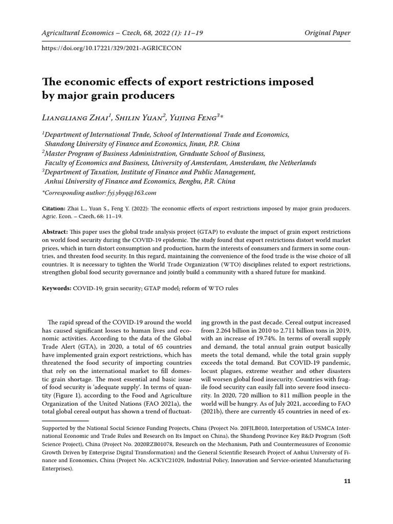 The Economic Effects of Export Restrictions Imposed | PDF | Food ...