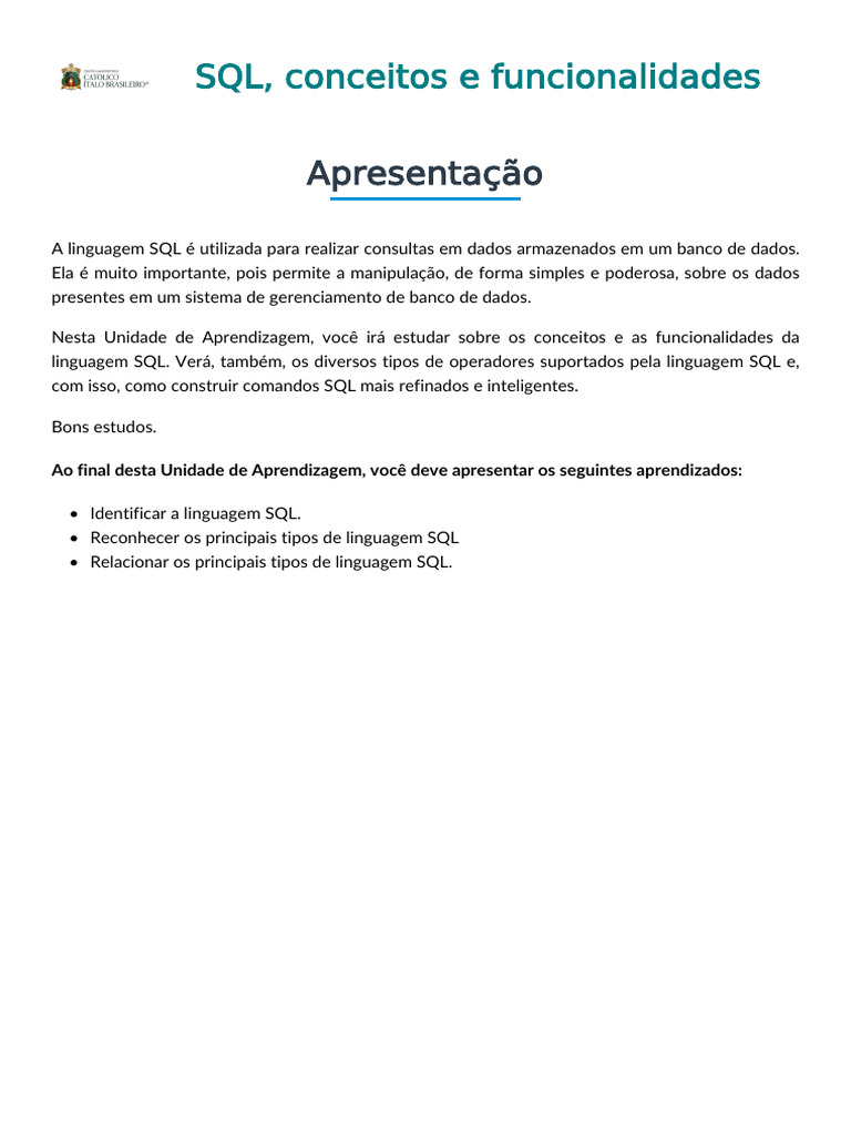 Aula 05 - SQL, Conceitos e Funcionalidades | PDF | SQL | Bancos de dados