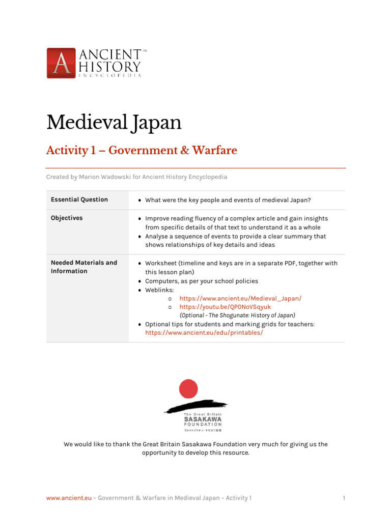 Medieval Japan: Government & Warfare Activity | PDF | Lesson Plan ...