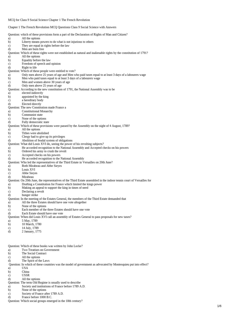 CBSE Class 9 History QPThe French Revolution MCQS | PDF | French ...