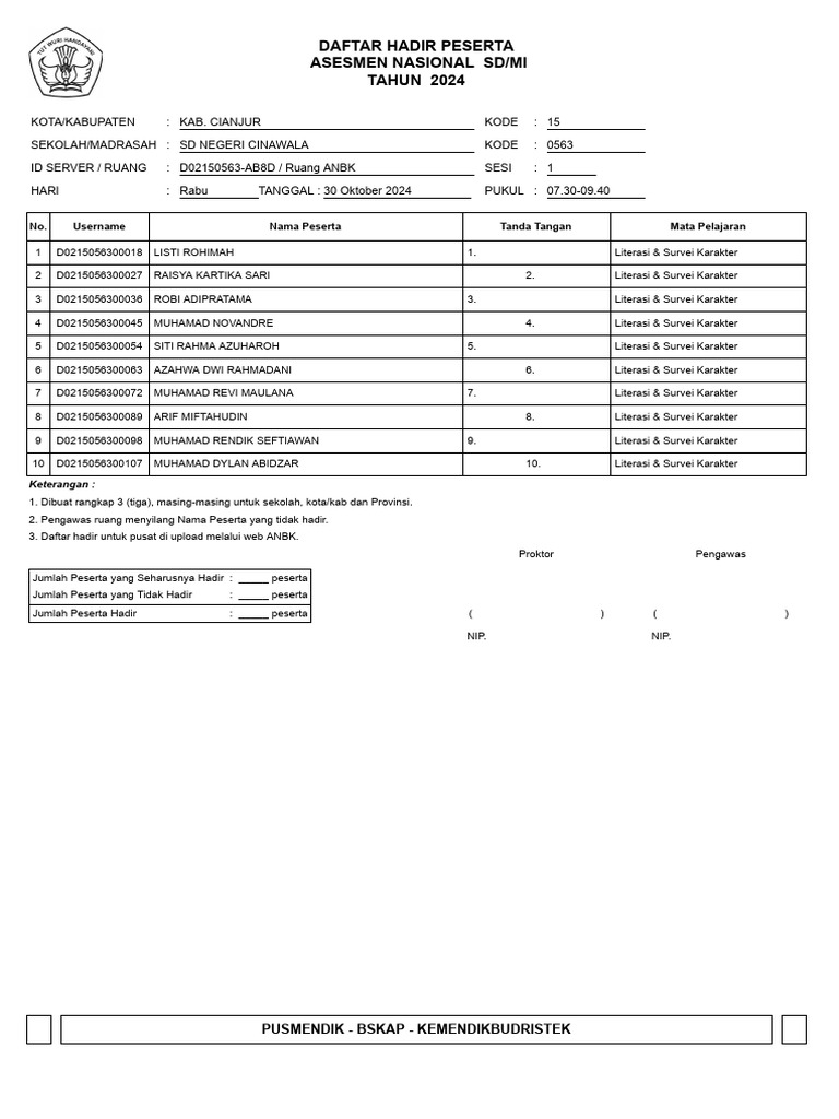 Daftar Hadir Anb 2024 | PDF