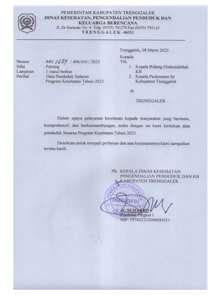Surat Data Sasaran Program Kesehatan Tahun 2023 | PDF