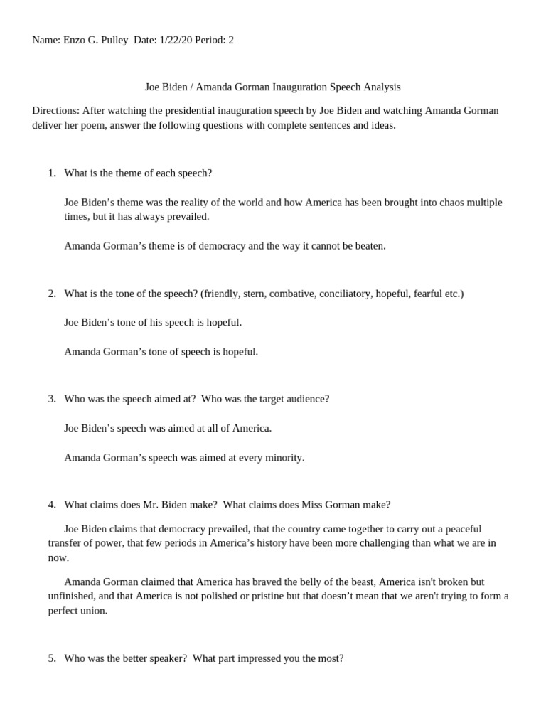 Joe Biden Inauguration Speech Analysis | PDF | General Fiction