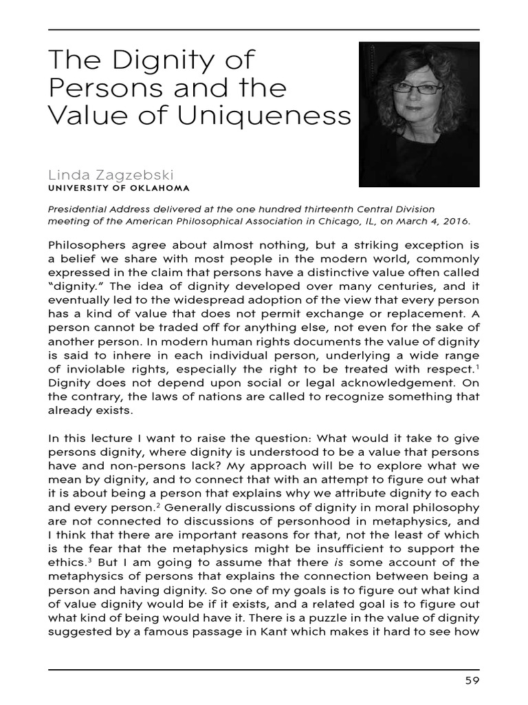 Zagzebski Linda - 2016 - The Dignity of Persons and The Value of Uniqueness | PDF | Dignity | Reason