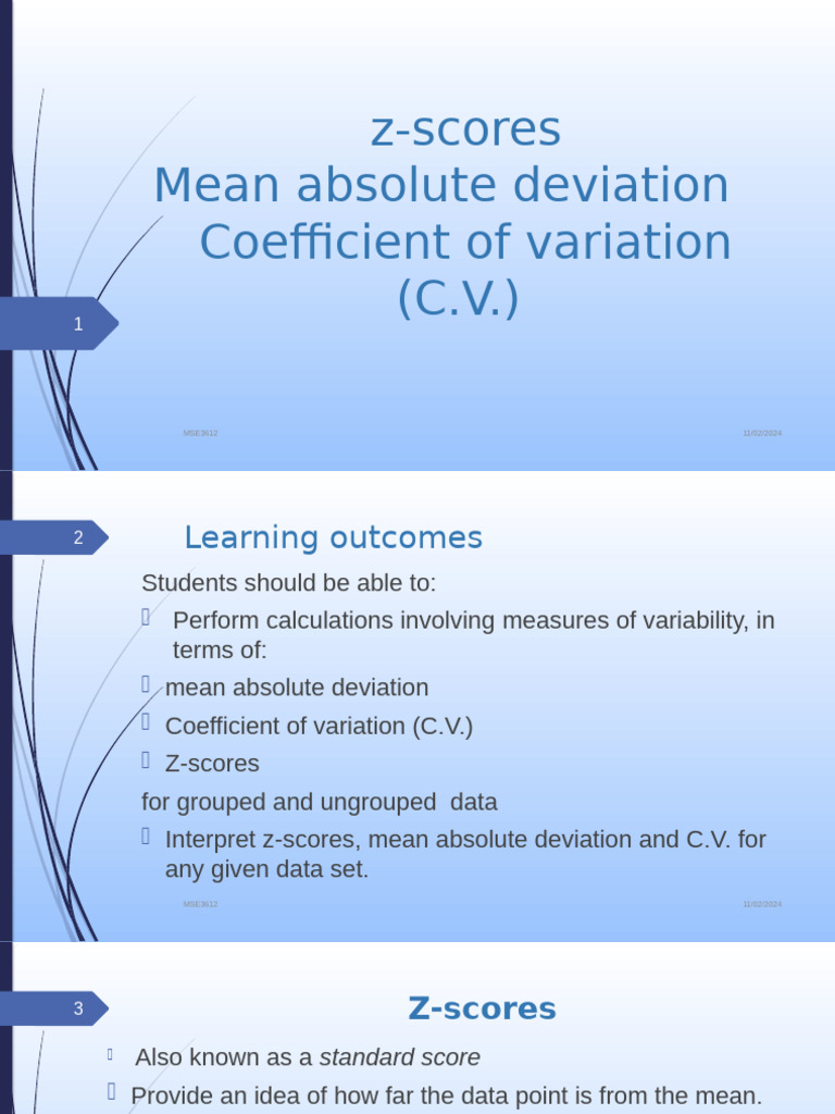 Lesson 5.1 Mean Absolute Deviation (MAD), CV and Z Scores | PDF ...