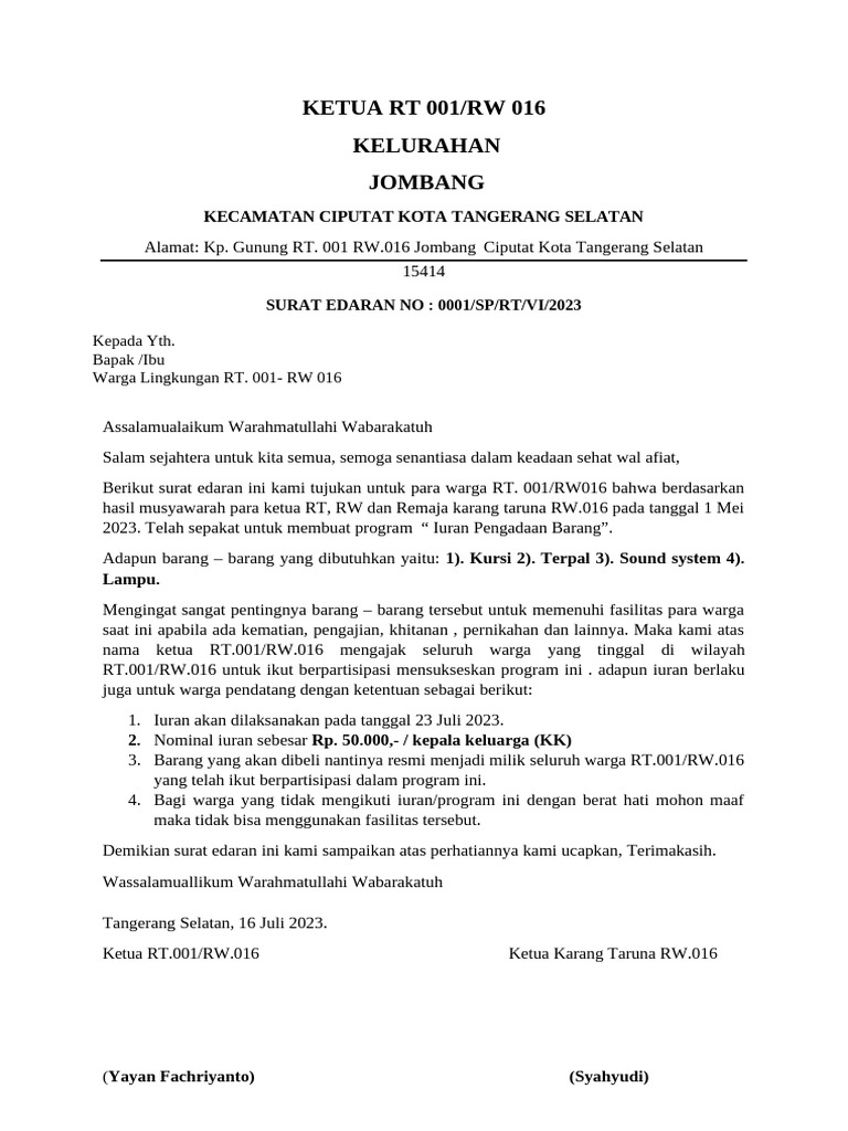 Surat Edaran Iuran Barang Revisi | PDF | Griya & Taman