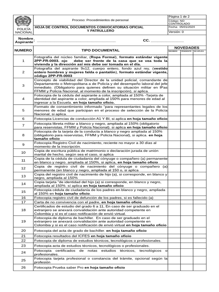 Formato Control para Documentos Convocatorias Oficial y Patrullero ...