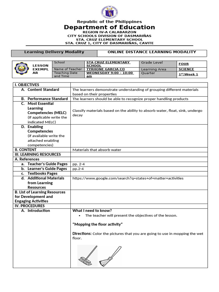 CO, TYRHONE G - SCIENCE 4-Lesson-Exemplar-Q1W1 | PDF | Learning | Teachers