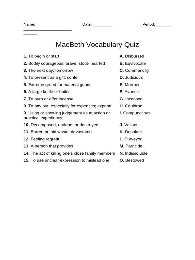 MacBeth Vocabulary Quiz 1471de 616421a3 | PDF