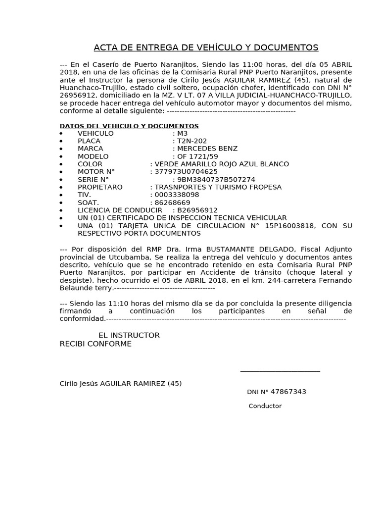 Acta de Entrega de Vehículo | PDF | Transporte por carretera | Coche