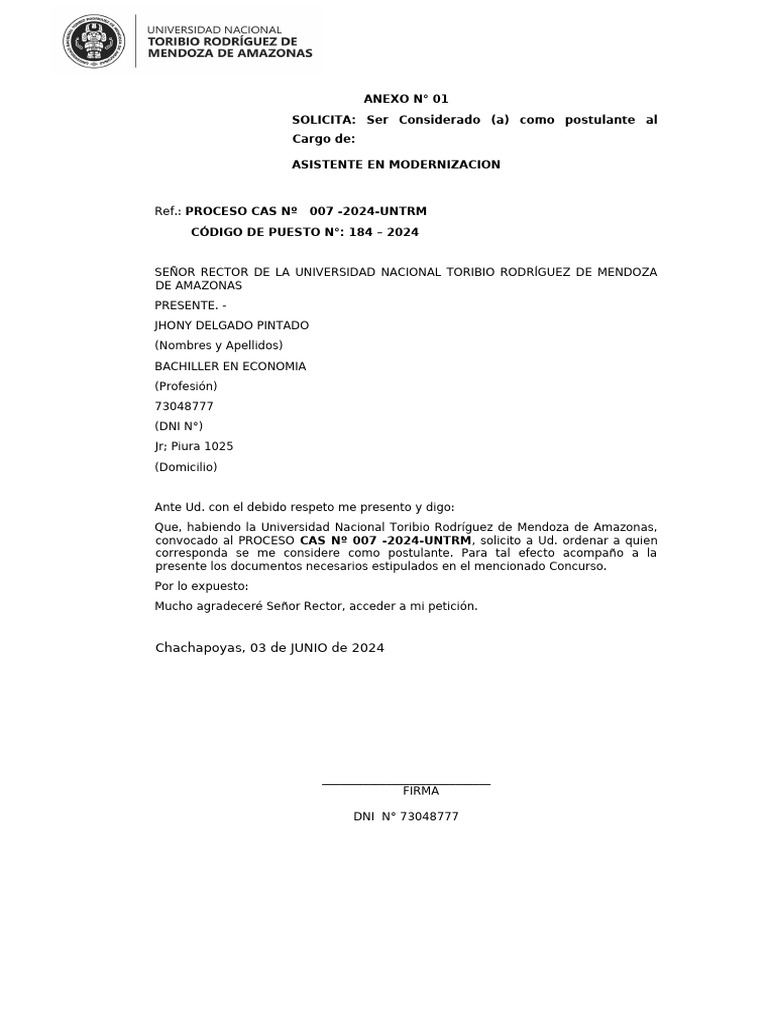 Solicitud para Asistente en Modernización | PDF | Derecho