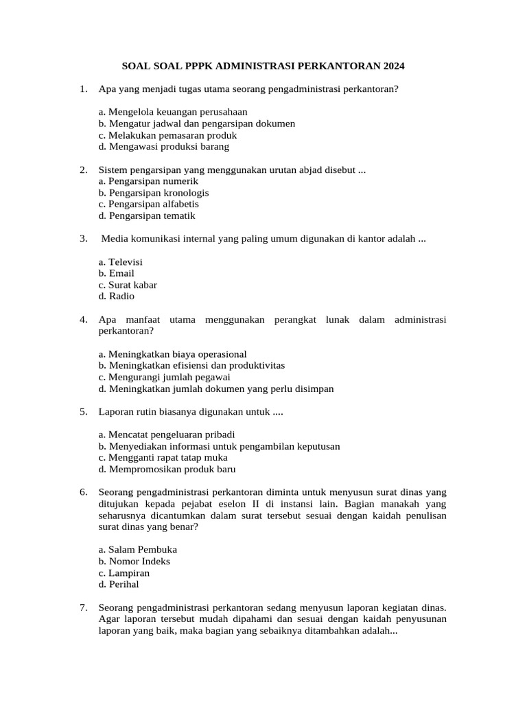 Soal Soal PPPK Administrasi Perkantoran 2024 | PDF