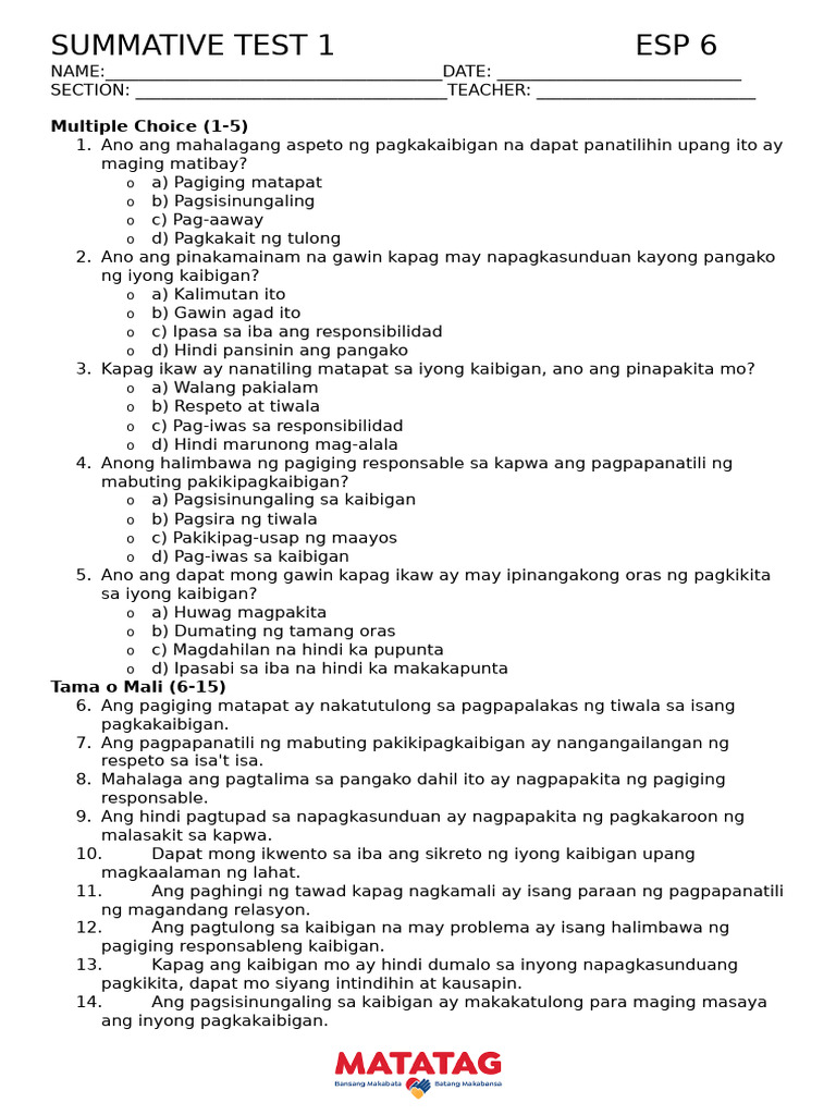 Esp 6 Summative 01 | PDF