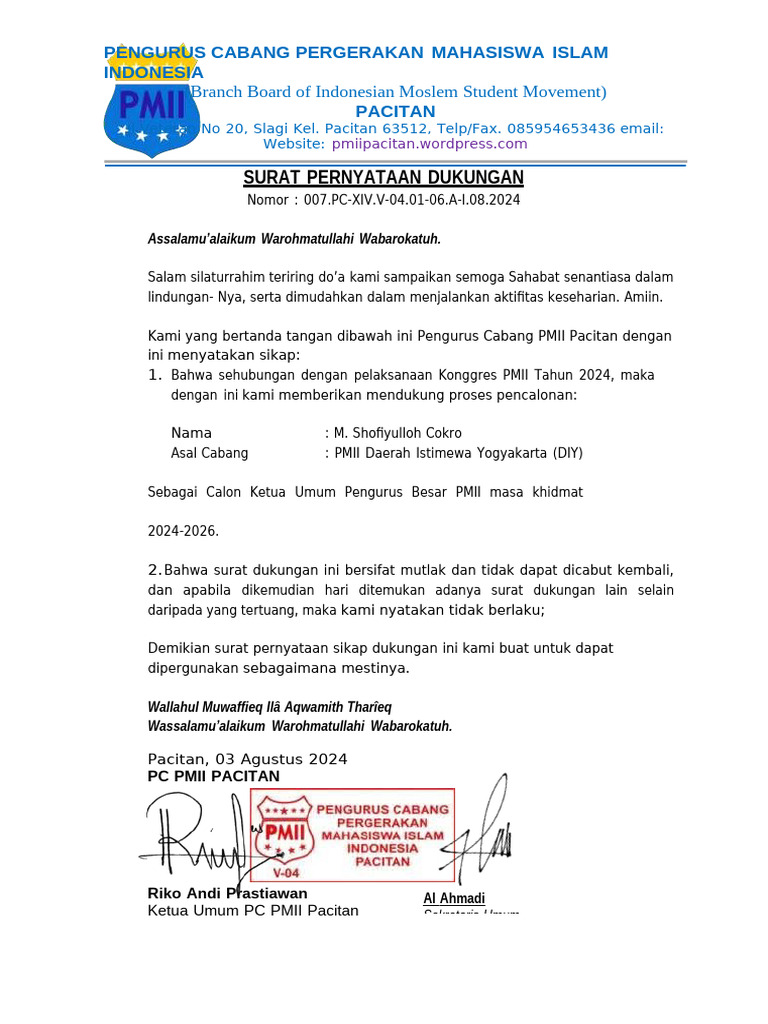 Surat Dukungan Calon PB | PDF