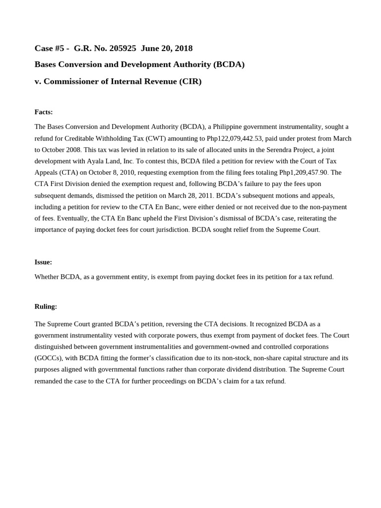 BCDA Tax Refund Case Ruling Summary | PDF | Finance & Money Management