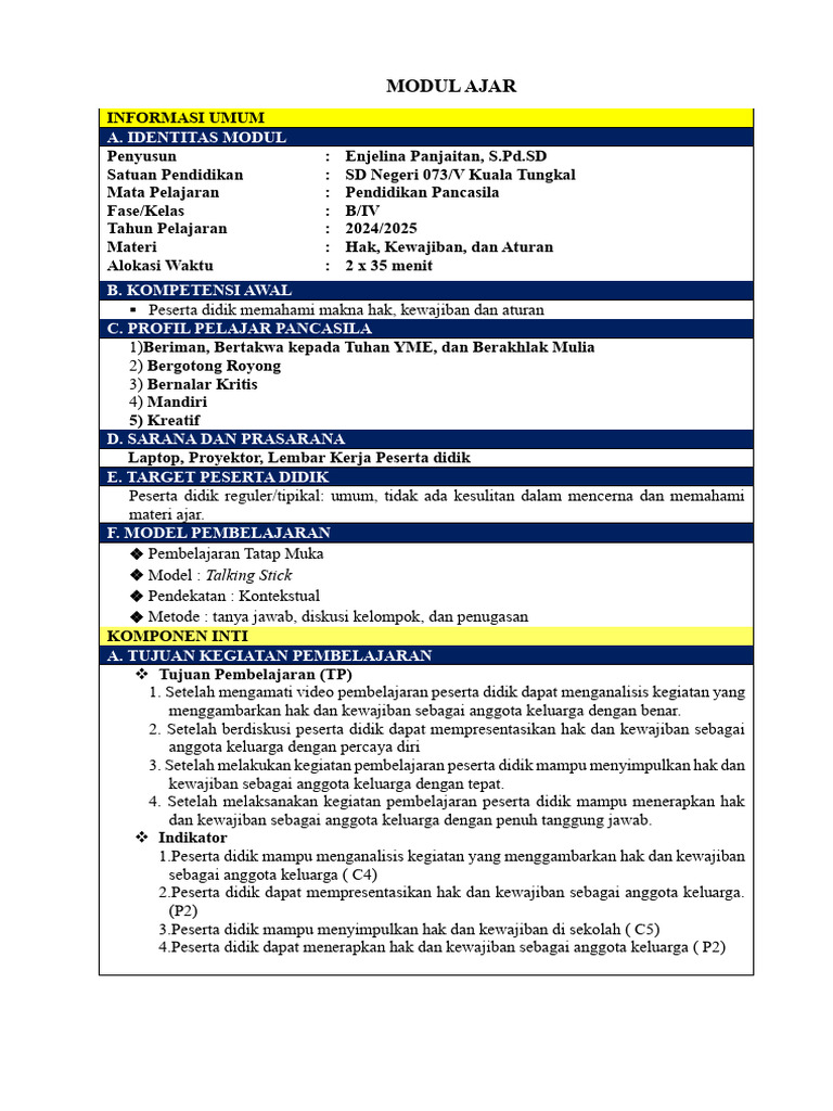 Modul Ajar Pendidikan Pancasila Kelas 4 Ukin | PDF | Seni & Disiplin Bahasa