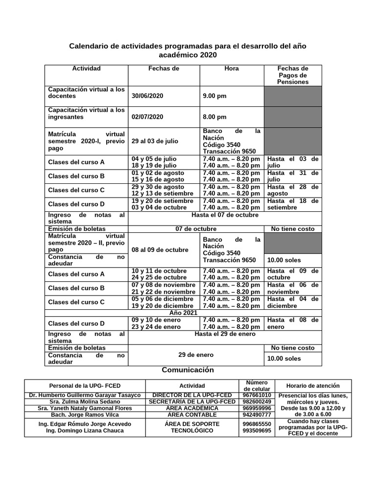 Actividades Programadas para El Desarrollo Del Año Académico 2020 | PDF