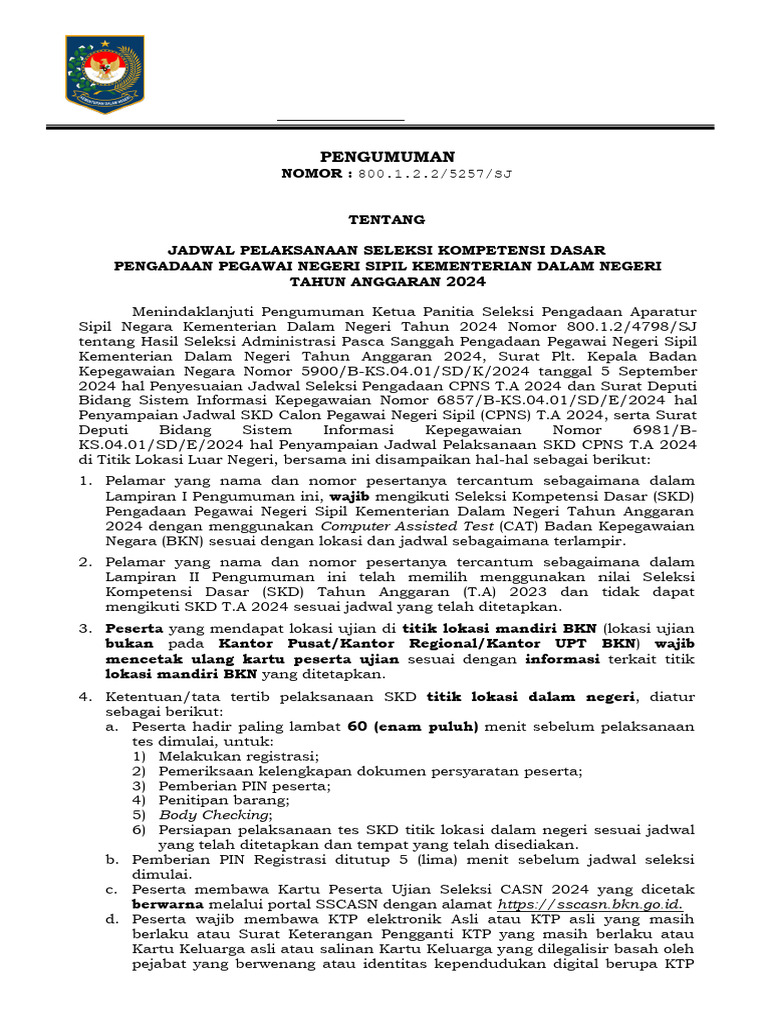 Pengumuman Pelaksanaan Seleksi Kompetensi Dasar Pengadaan Pegawai Negeri Sipil Kementerian Dalam ...