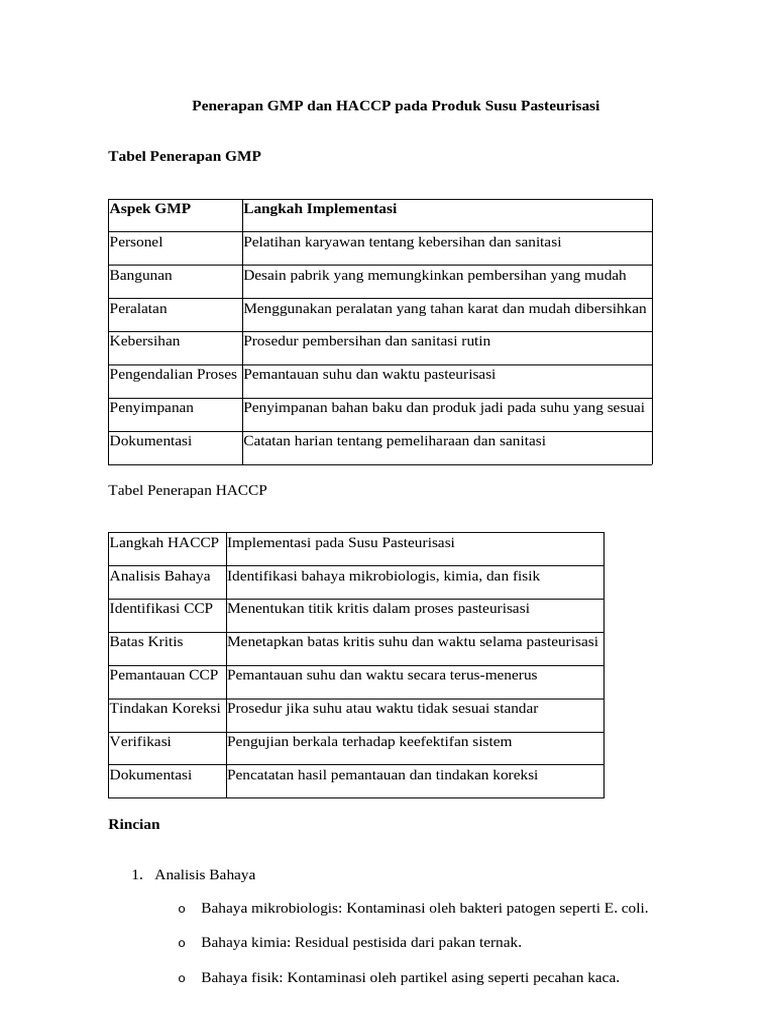 Penerapan GMP Dan HACCP Pada Produk Susu Pasteurisasi | PDF | Kesehatan Holistik | Sains ...