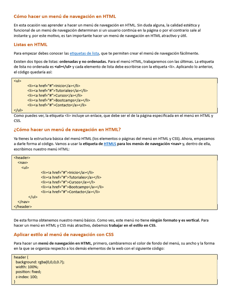 Cómo Hacer Un Menú de Navegación en HTML | PDF | HTML | Menú (Computación)