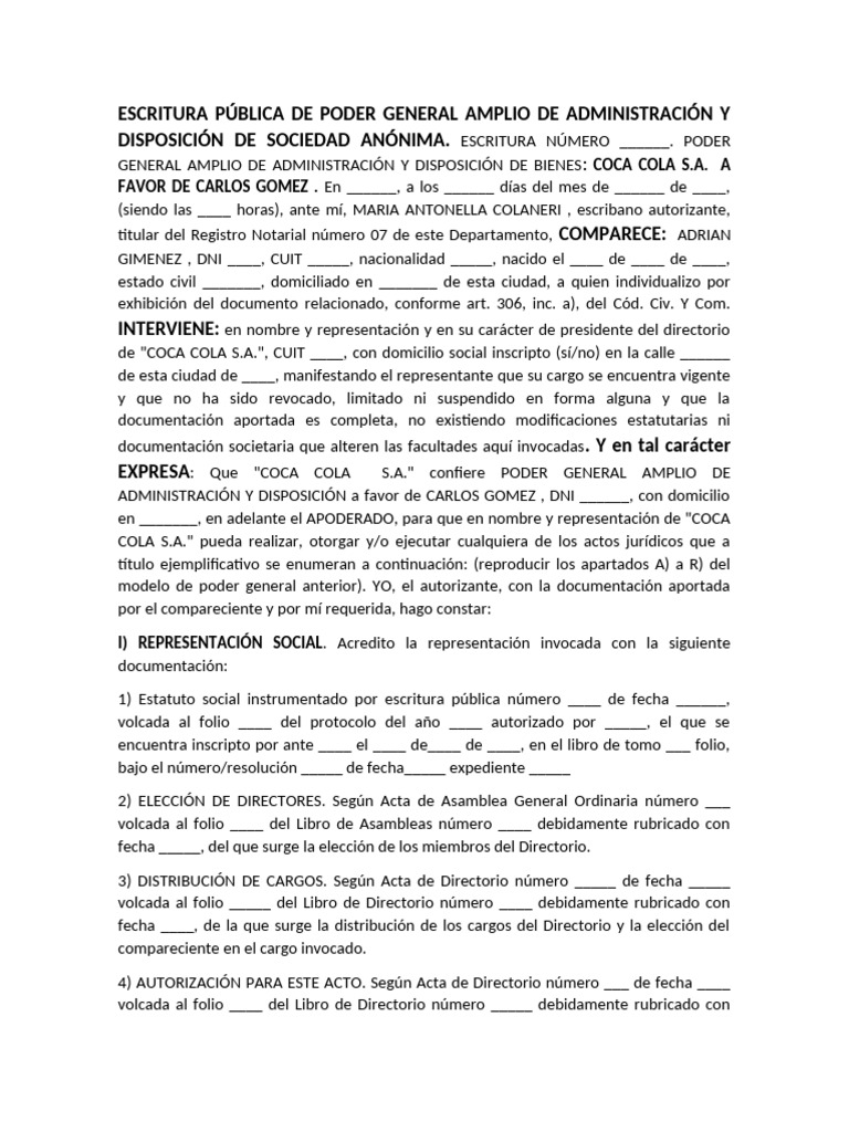 Poder General Amplio de Administración y Disposición de Sociedad ...