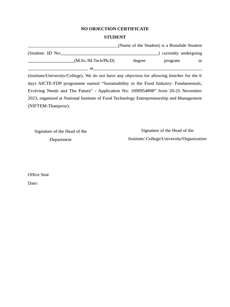 No Objection Certificate Format | PDF