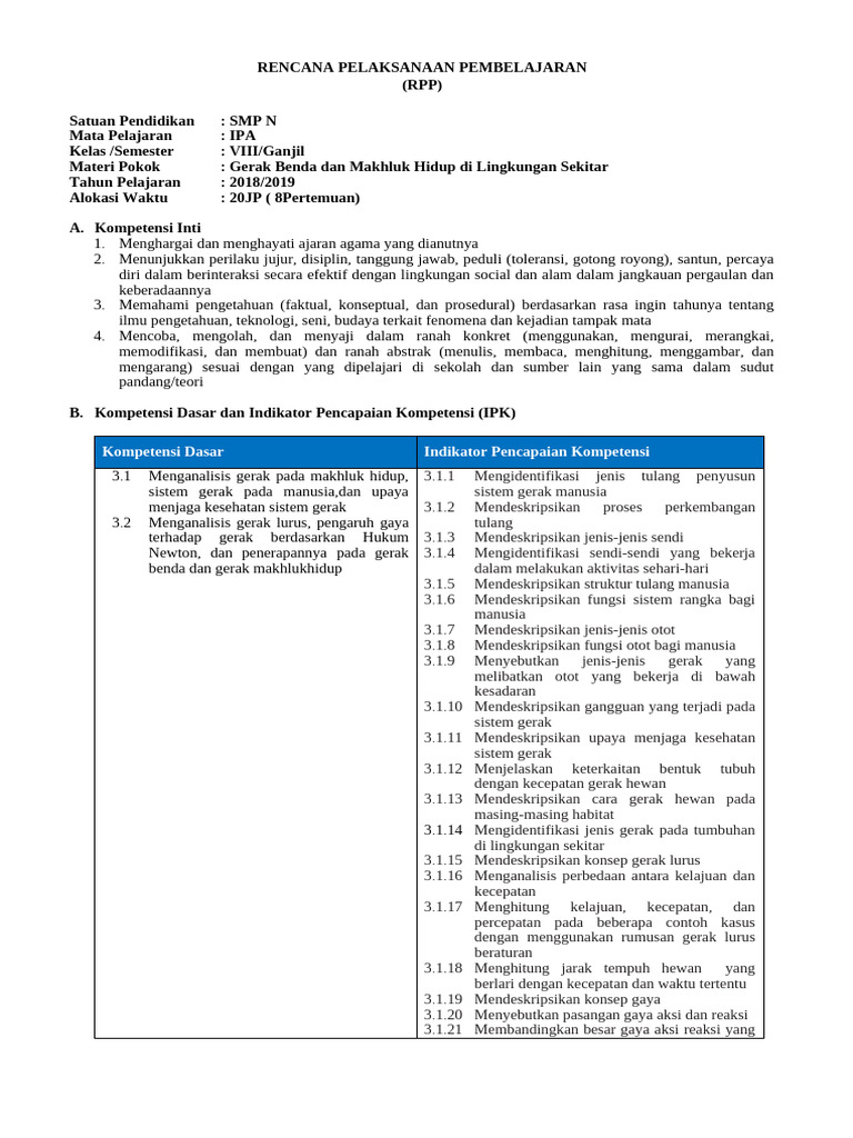 RPP 1 KELAS VIII Gerak Benda Dan Makhluk Hidup Di Lingkungan Sekitar | PDF