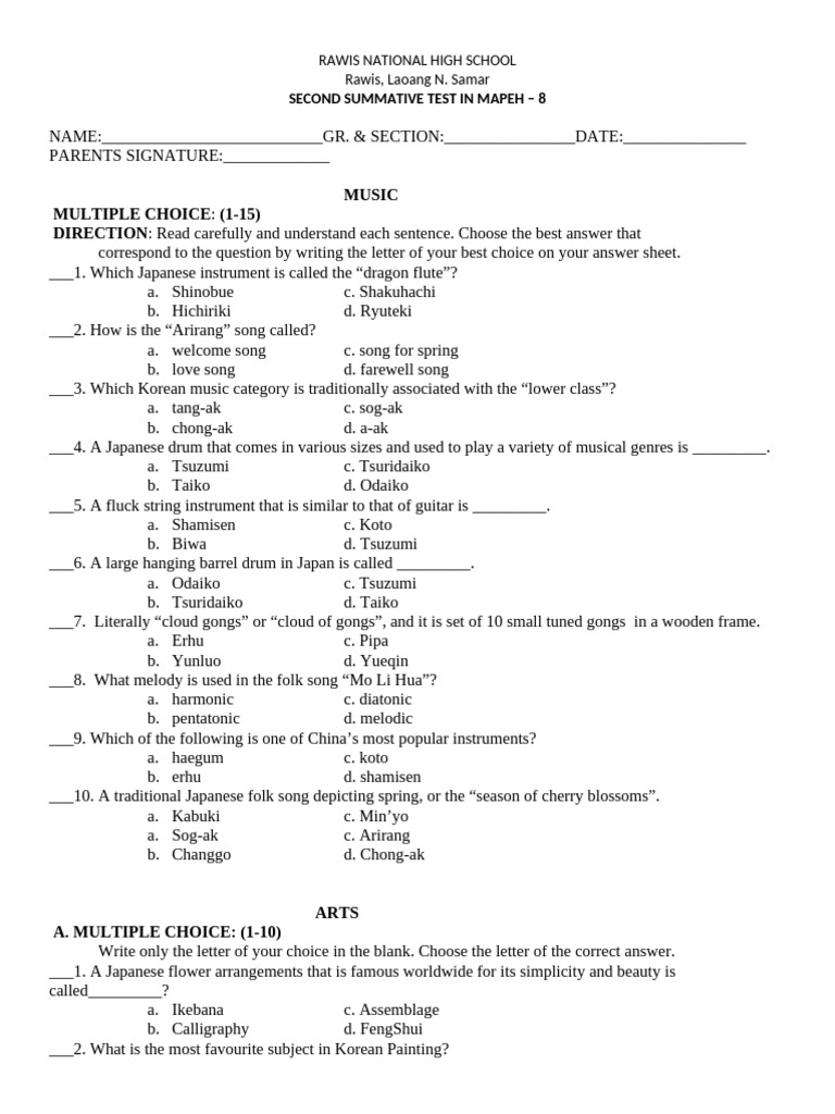 SECOND SUMMATIVE MAPEH 8 | PDF
