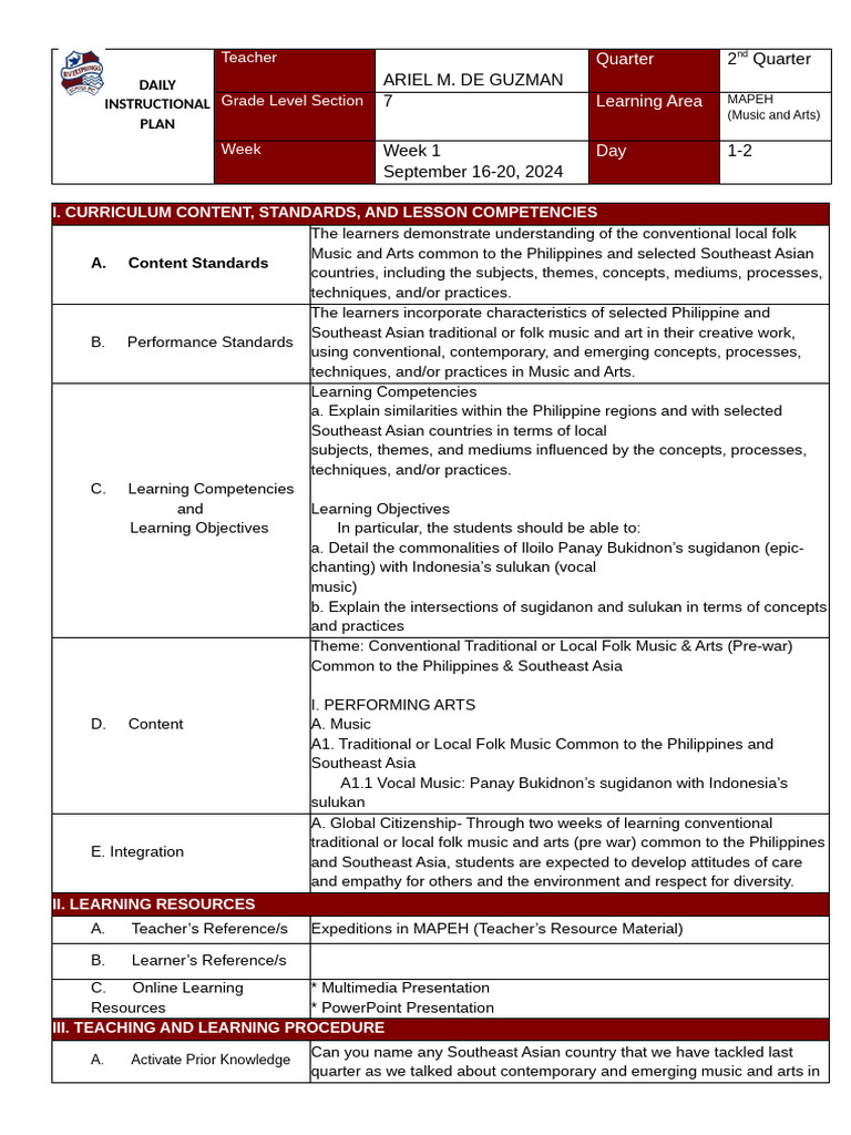 Q2-Week 1- Grade 7- MUsic and Arts- Day 1-2 | PDF | Learning | Cognition
