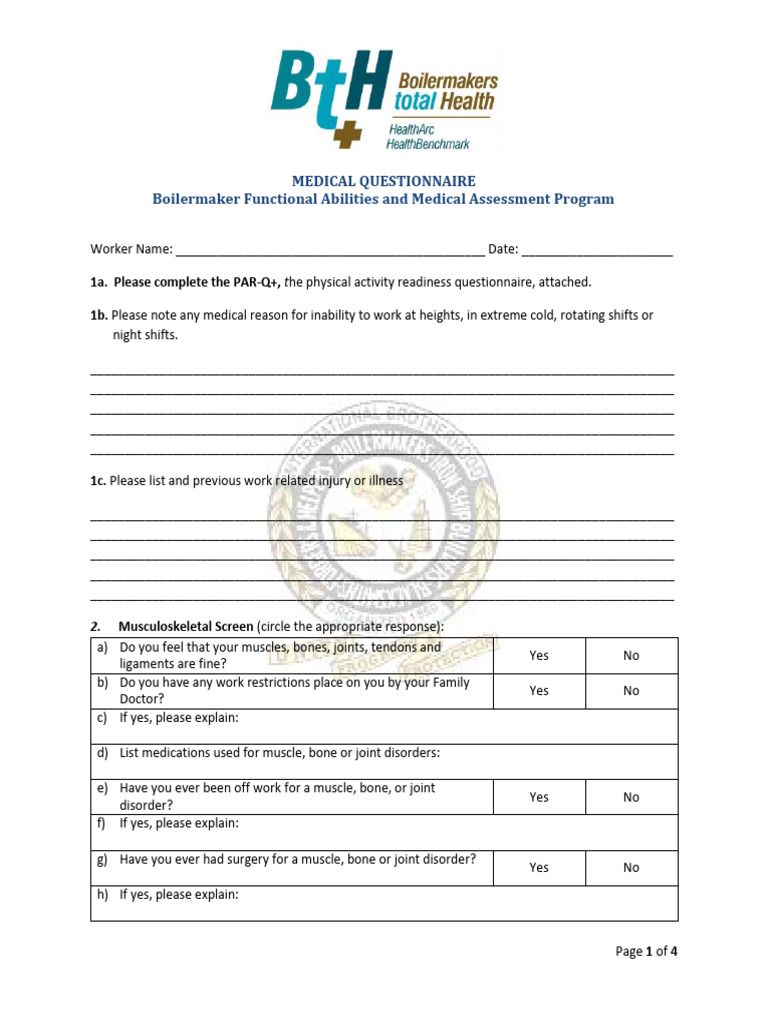 Fama Medical Questionnaire for Workers | PDF | Human Musculoskeletal ...
