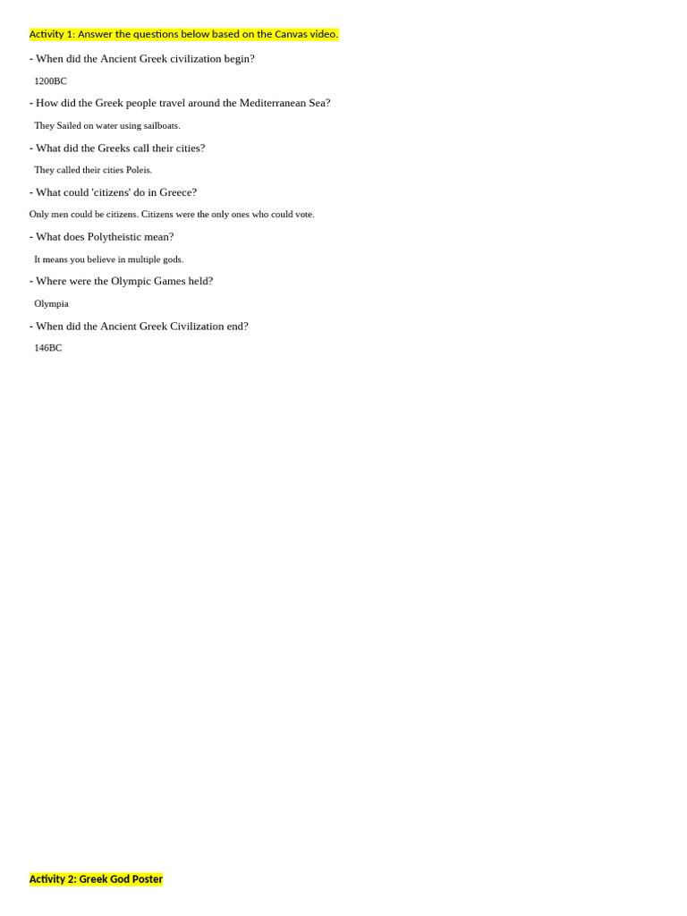 Intro to Ancient Greece Activities & poster template | PDF | Zeus | Hera