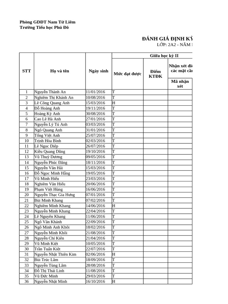 Danh Gia Dinh Ky 2a2 Toan CK2 | PDF