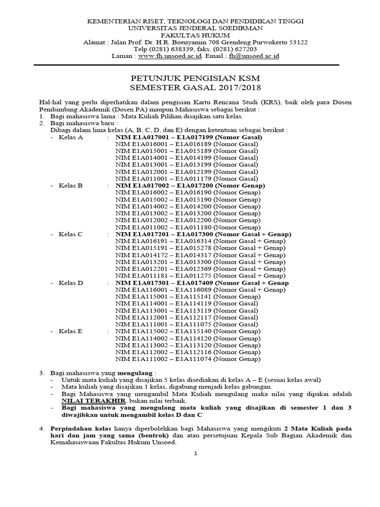 Petunjuk Pengisian KSM, Jadwal Perkuliahan, Jadwal Ujian, Semester Gasal Tahun Akademik 20172018 ...