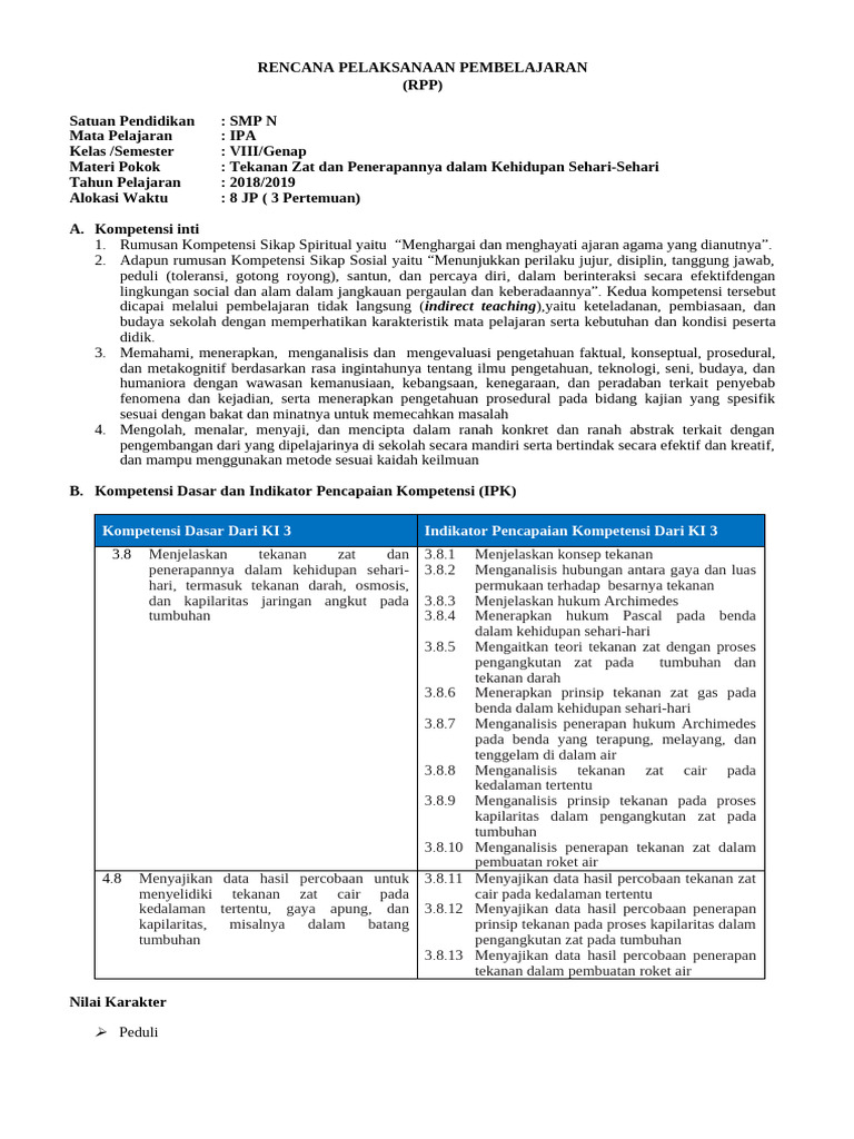 RPP 7 KELAS VIII Tekanan Zat Dan Penerapannya Dalam Kehidupan Sehari-Sehari | PDF