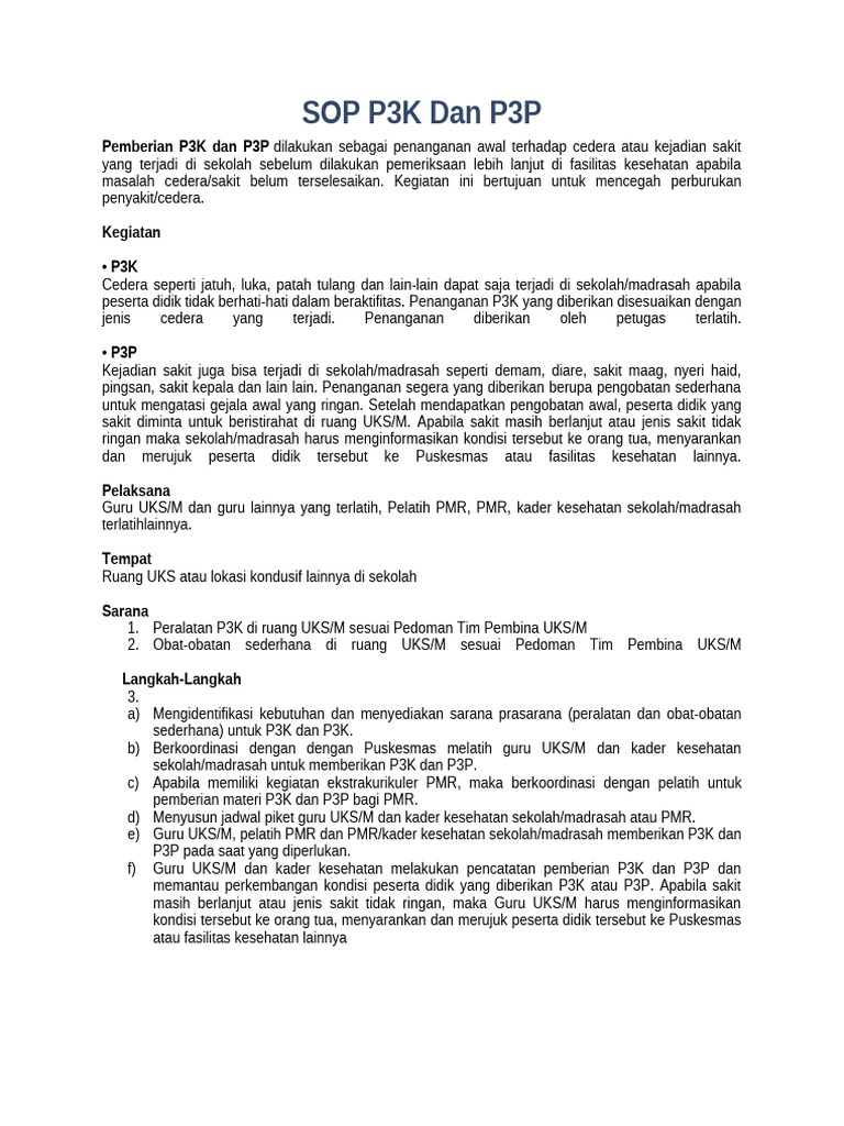 SOP Pelaksanaan P3K Disekolah | PDF