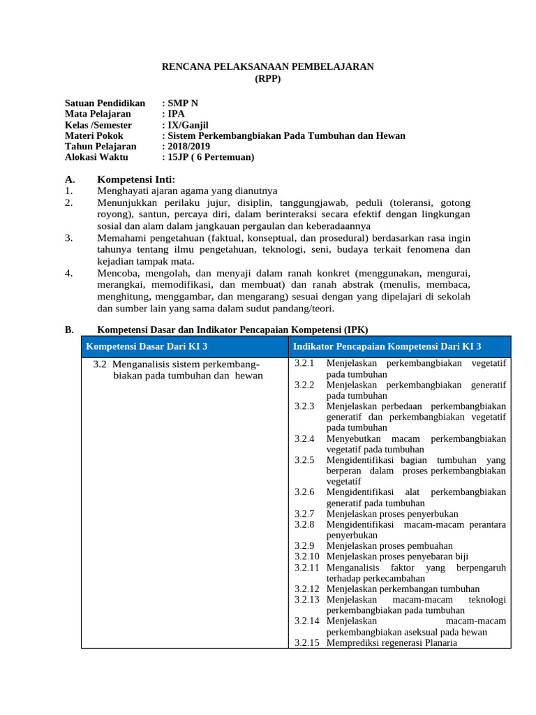 RPP 2 KELAS IX Sistem Perkembangbiakan Pada Tumbuhan Dan Hewan | PDF