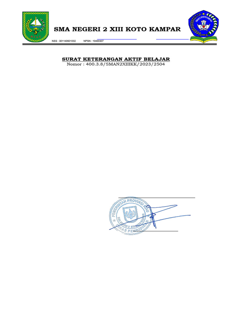 Surat Keterangan Aktif Belajar Muhammad Refan Maulana | PDF
