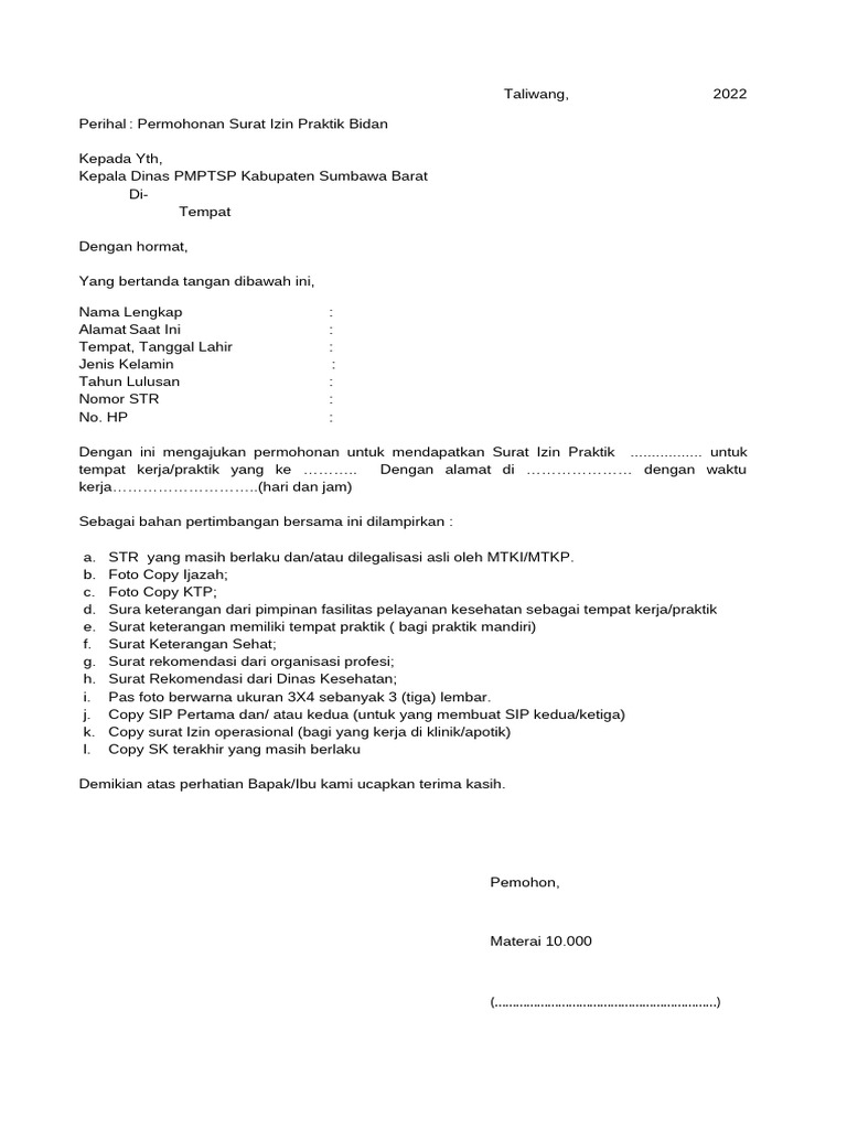 Contoh Surat Permohonan SIP NAKES | PDF | Hukum